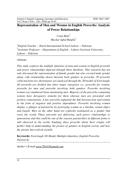 (PDF) Representation of Men and Women in English Proverbs: Analysis of ...