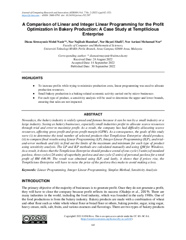 (PDF) Comparison of Linear and Integer Linear Programming for the Profit Optimization in Bakery ...