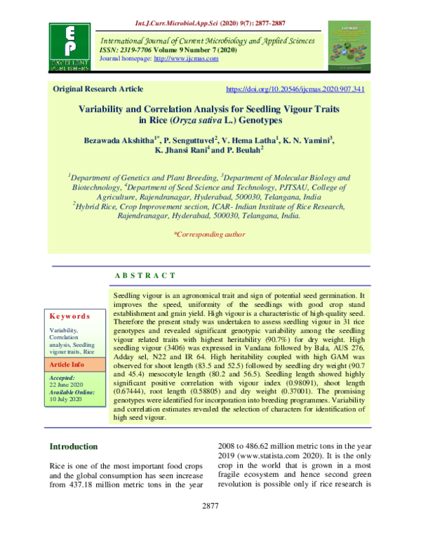 (PDF) Variability and Correlation Analysis for Seedling Vigour Traits in Rice (Oryza sativa L ...