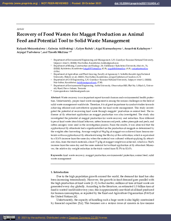 (PDF) Recovery of Food Wastes for a Potential Maggot Production as ...
