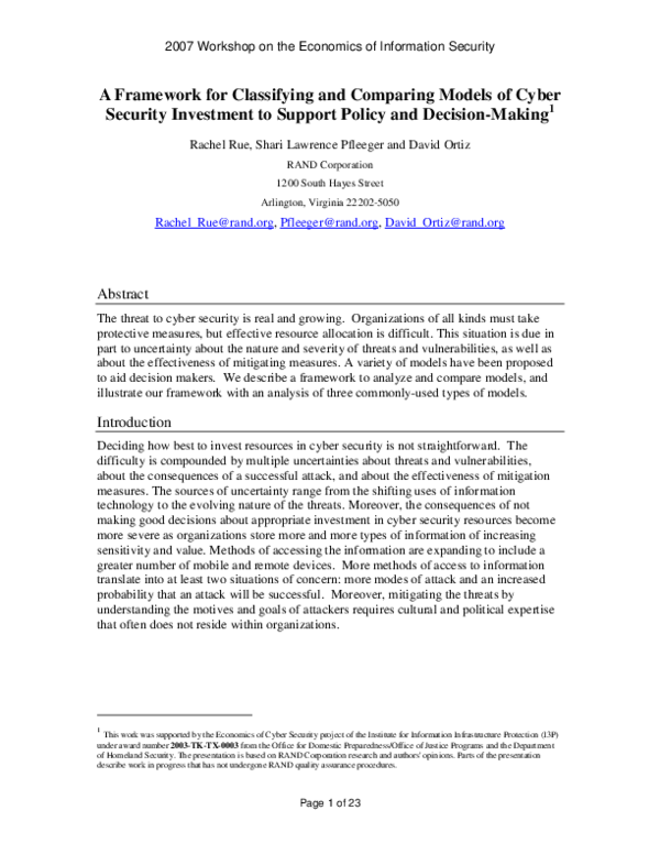 (PDF) Framework for Classifying Cyber Security Investment Models