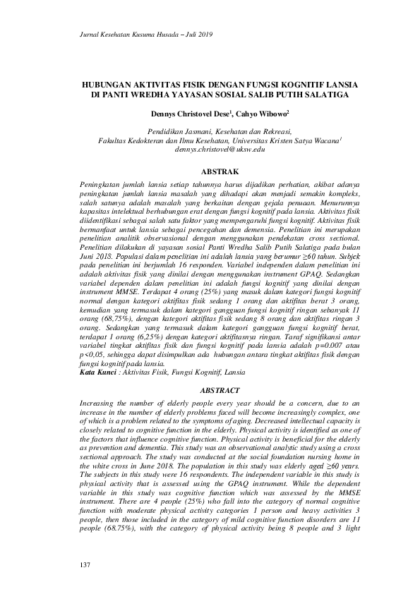 (PDF) Hubungan Aktivitas Fisik Dengan Fungsi Kognitif Lansia DI Panti Wredha Yayasan Sosial ...
