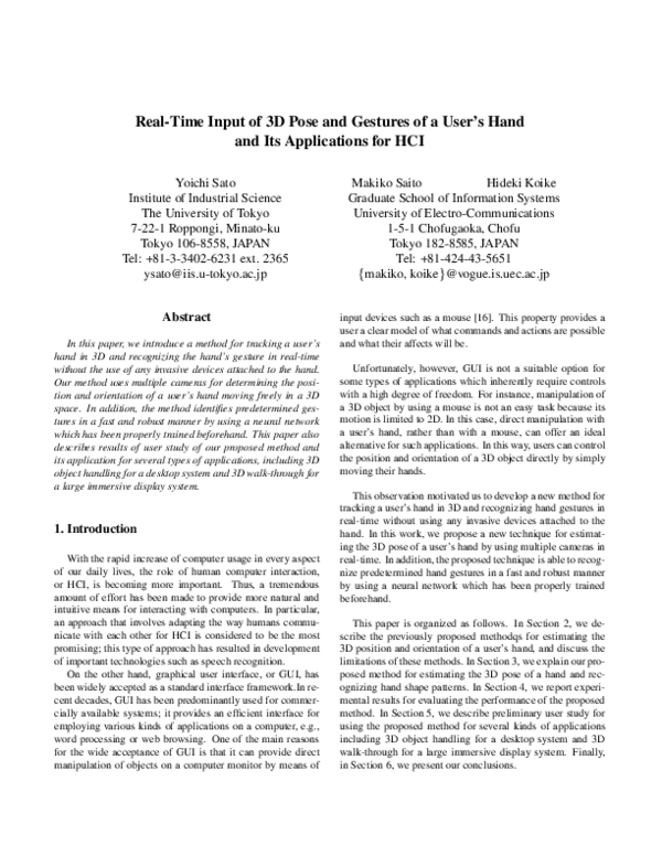 (PDF) Real-time input of 3D pose and gestures of a user's hand and its ...