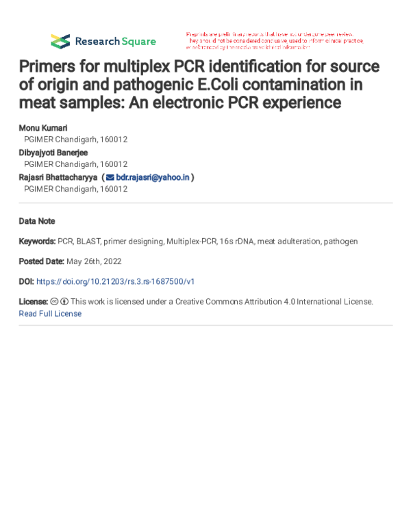 (PDF) Primers for multiplex PCR identification for source of origin and pathogenic E.Coli ...