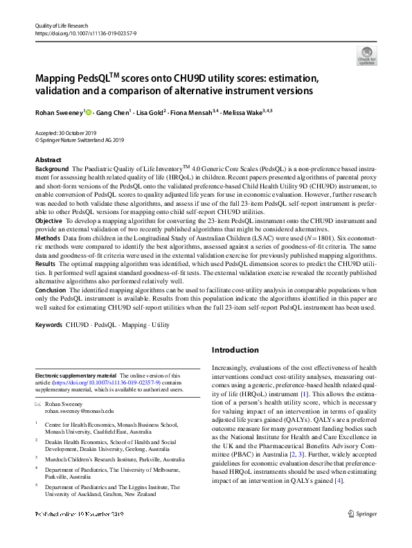 (PDF) Mapping PedsQLTM scores onto CHU9D utility scores: estimation, validation and a comparison ...