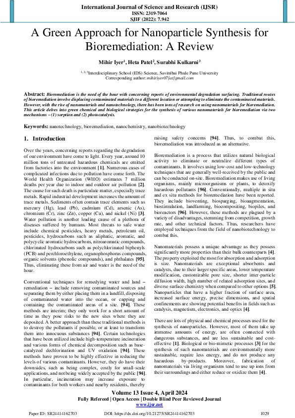 (PDF) A Green Approach for Nanoparticle Synthesis for Bioremediation: A Review