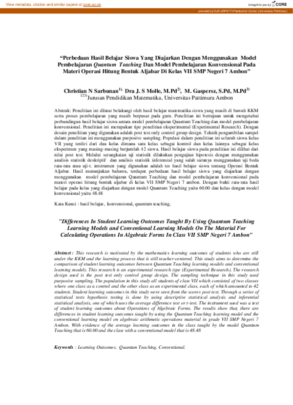 (PDF) Perbedaan Hasil Belajar Siswa Yang Diajarkan Dengan Menggunakan Model Pembelajaran Quantum ...