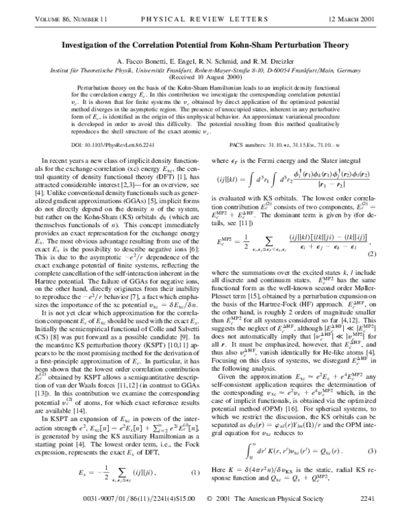 (PDF) Investigation of the Correlation Potential from Kohn-Sham Perturbation Theory | Facco ...