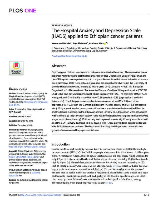 (PDF) The Hospital Anxiety and Depression Scale (HADS) applied to ...