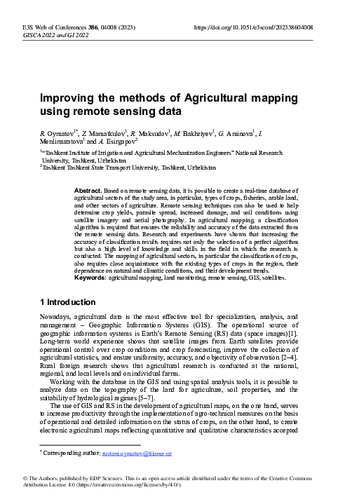 (PDF) Improving the methods of Agricultural mapping using remote ...
