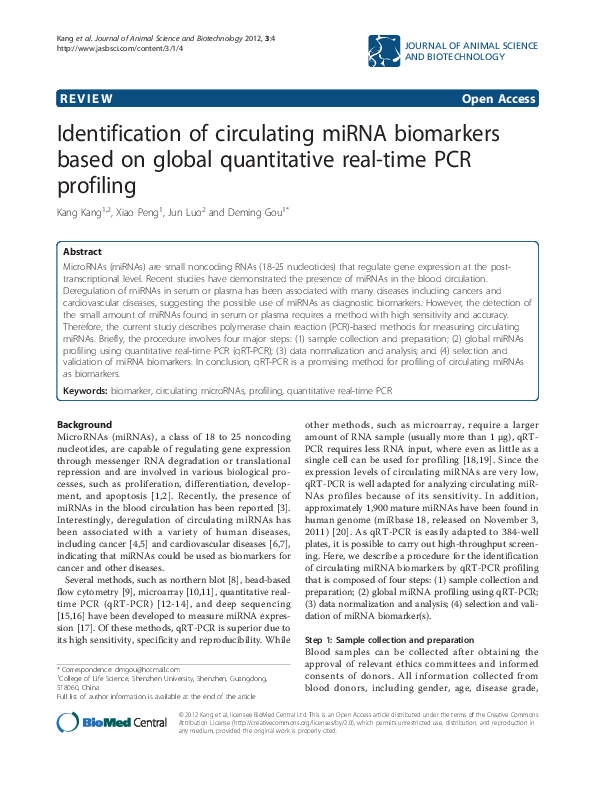 (PDF) Identification of circulating miRNA biomarkers based on global quantitative real-time PCR ...