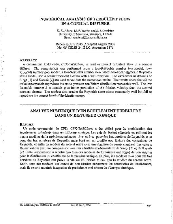 (PDF) Numerical Analysis of Turbulent Flow in a Conical Diffuser
