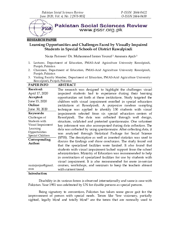 (PDF) Learning Opportunities and Challenges Faced by Visually Impaired ...