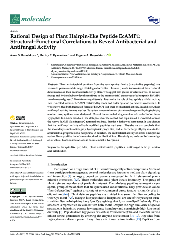 (PDF) Rational Design of Plant Hairpin-like Peptide EcAMP1: Structural ...