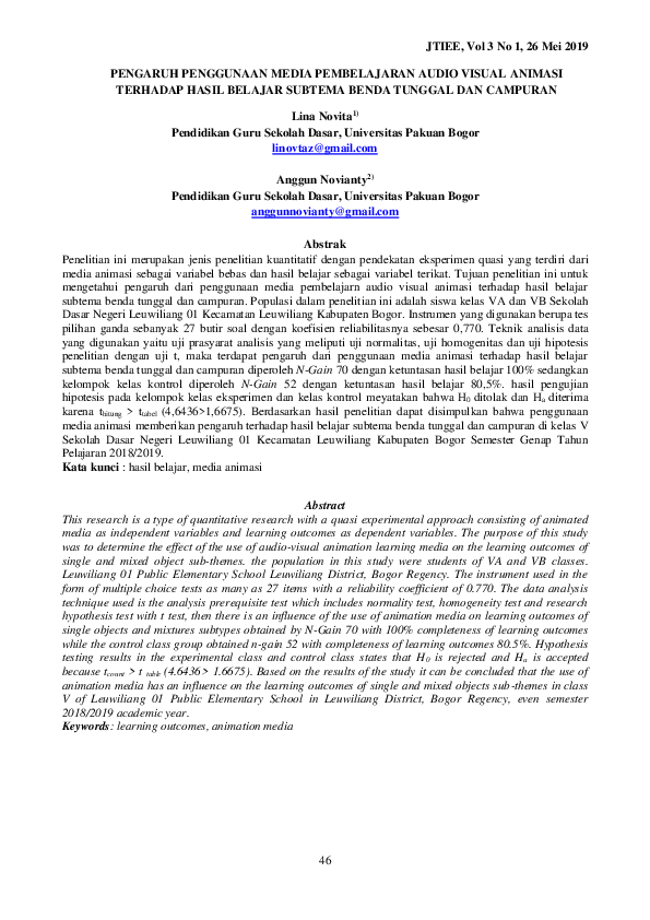 (PDF) Pengaruh Penggunaan Media Pembelajaran Audio Visual Animasi Terhadap Hasil Belajar Subtema ...