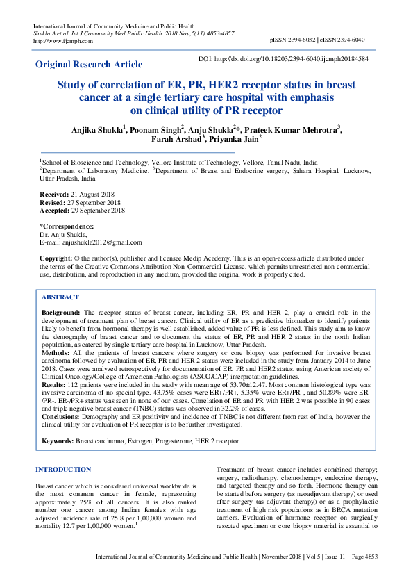 (PDF) Study of correlation of ER, PR, HER2 receptor status in breast ...