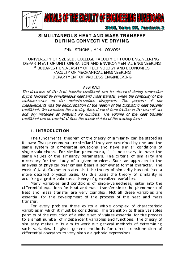 Pdf Simultaneous Heat And Mass Transfer During Convective Drying