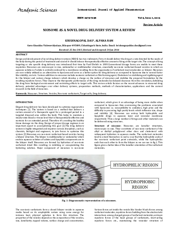 (PDF) NIOSOME AS A NOVEL DRUG DELIVERY SYSTEM A REVIEW