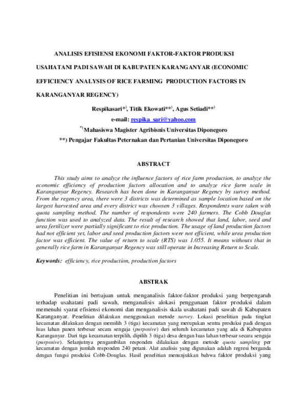 (PDF) Analisis Efisiensi Ekonomi Faktor-Faktor Produksi Usahatani Padi Sawah DI Kabupaten ...