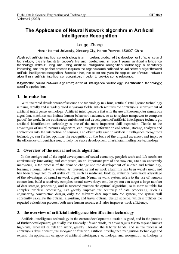Pdf The Application Of Neural Network Algorithm In Artificial Intelligence Recognition