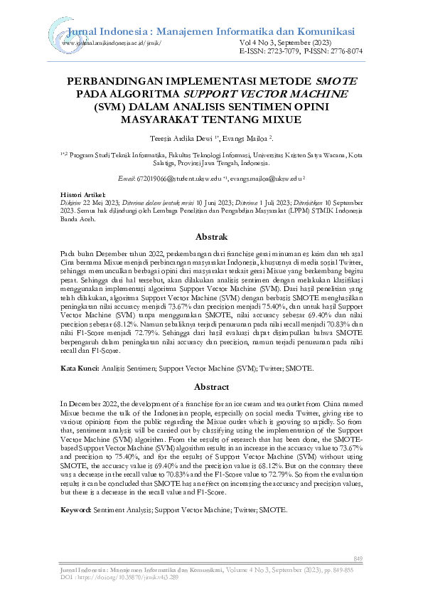 Pdf Perbandingan Implementasi Metode Smote Pada Algoritma Support