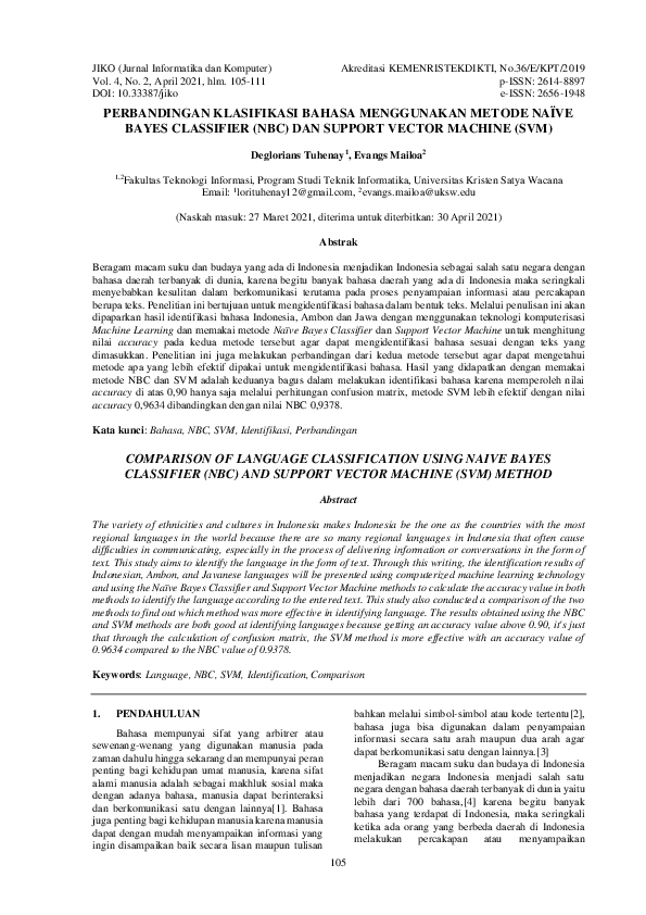 (PDF) Perbandingan Klasifikasi Bahasa Menggunakan Metode Naïve Bayes Classifier (NBC) Dan ...