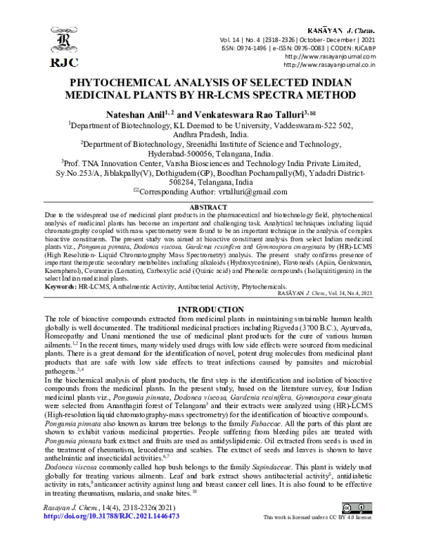 Pdf Phytochemical Analysis Of Selected Indian Medicinal Plants By Hr