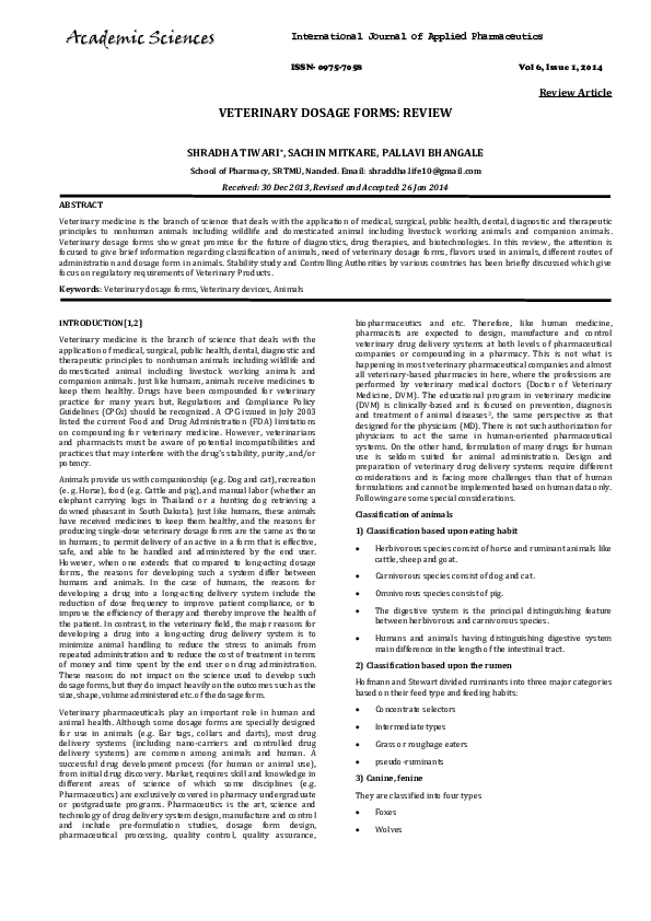 (PDF) VETERINARY DOSAGE FORMS: REVIEW