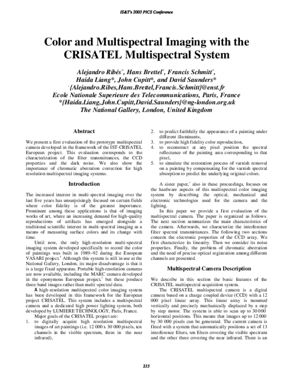 (PDF) Color and Multispectral Imaging with the CRISATEL Multispectral System