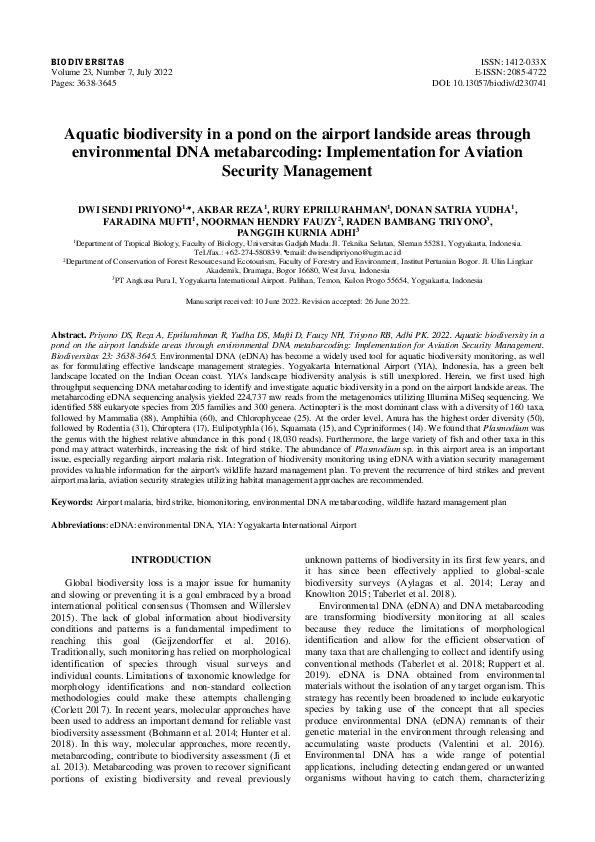 (PDF) Aquatic biodiversity in a pond on the airport landside areas through environmental DNA ...