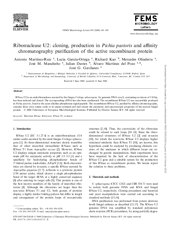 (PDF) Ribonuclease U2: cloning, production inPichia pastorisand ...
