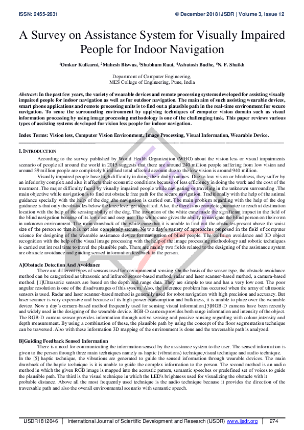 (PDF) A Survey on Assistance System for Visually Impaired People for Indoor Navigation