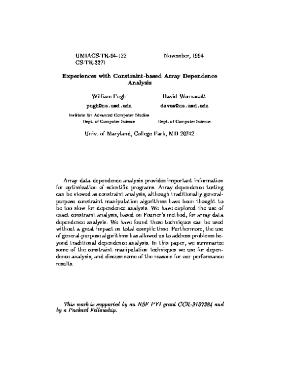 (PDF) Experiences with constraint-based array dependence analysis | William Pugh - Academia.edu