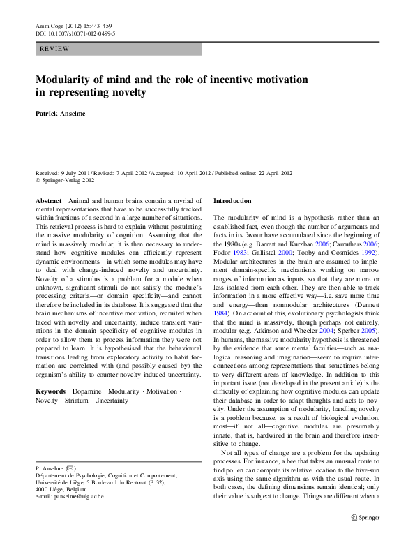 (PDF) Modularity of mind and the role of incentive motivation in ...