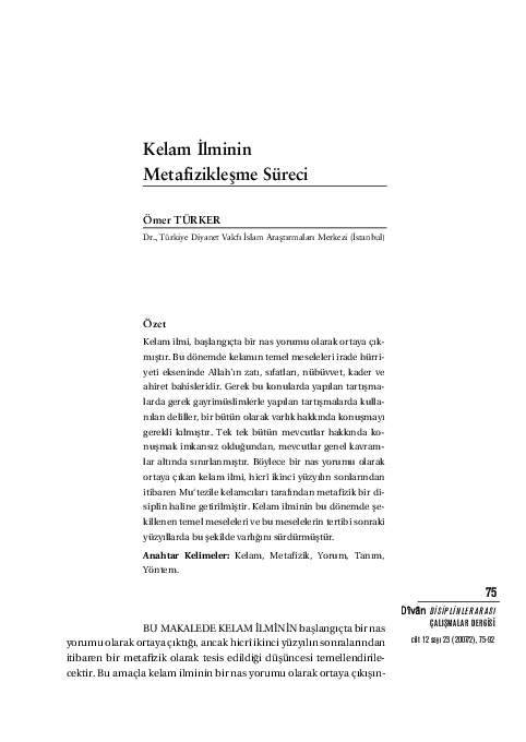 (PDF) Kelam İlminin Metafizikleşme Süreci