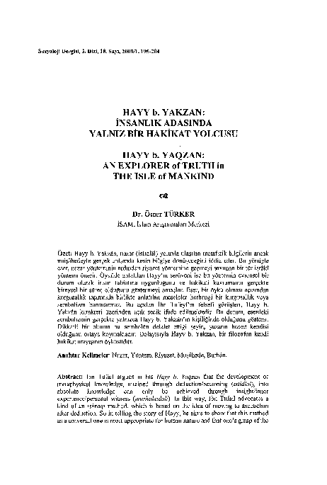 (PDF) Hayy bin Yakzan: İnsanlık Adasında Yalnız Bir Hakikat Yolcusu