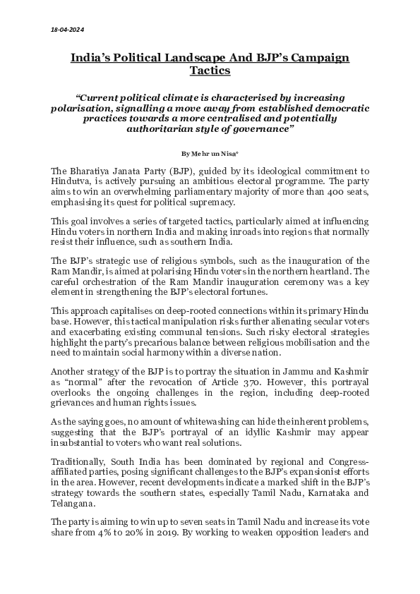(PDF) India’s Political Landscape And BJP’s Campaign Tactics