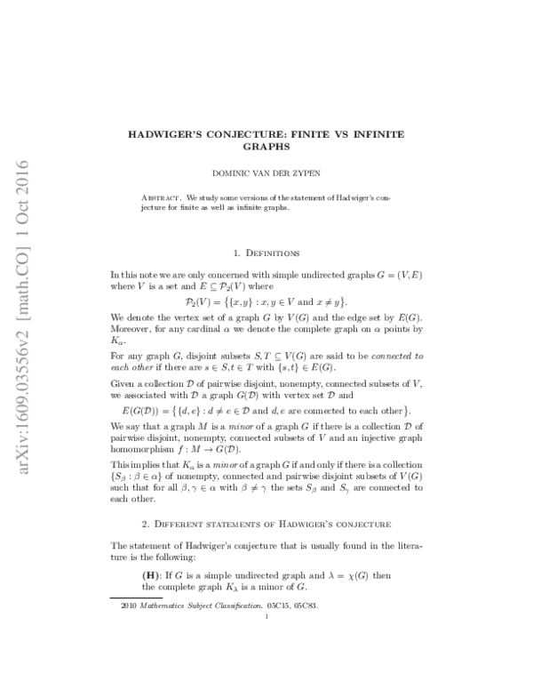(PDF) Hadwiger's conjecture: finite vs infinite graphs