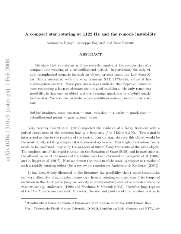 (PDF) A Compact Star Rotating at 1122 Hz and the r -Mode Instability