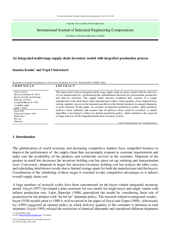 Pdf An Integrated Multi Stage Supply Chain Inventory Model With Imperfect Production Process