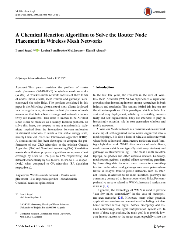 (PDF) A Chemical Reaction Algorithm to Solve the Router Node Placement ...