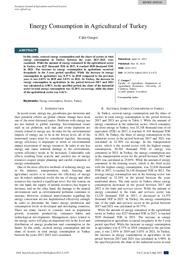 (PDF) Energy Consumption in Agricultural of Turkey