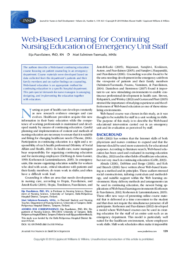 (PDF) Web-Based Learning for Continuing Nursing Education of Emergency Unit Staff