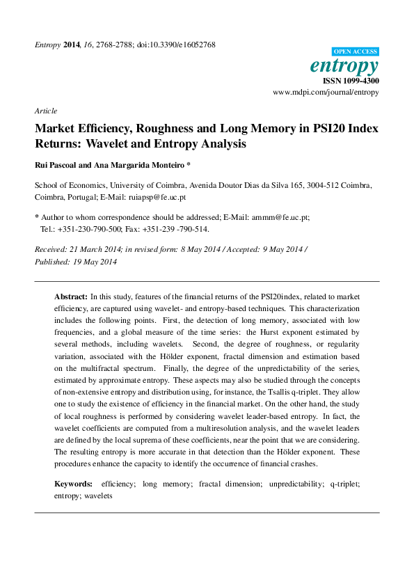 (PDF) Market Efficiency, Roughness and Long Memory in PSI20 Index Returns: Wavelet and Entropy ...