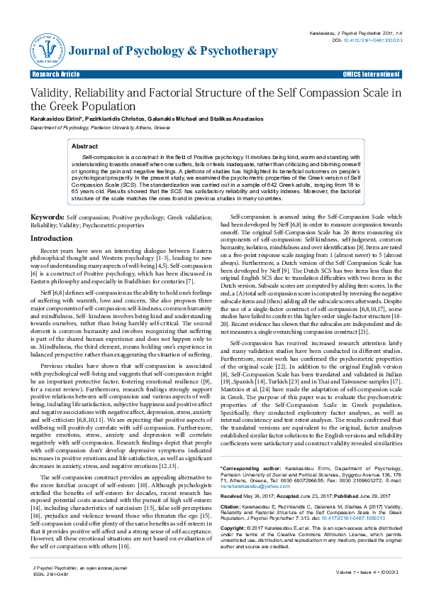 (PDF) Validity, Reliability and Factorial Structure of the Self Compassion Scale in the Greek ...