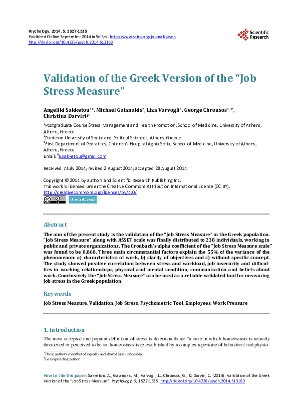 (PDF) Validation of the Greek Version of the “Job Stress Measure”
