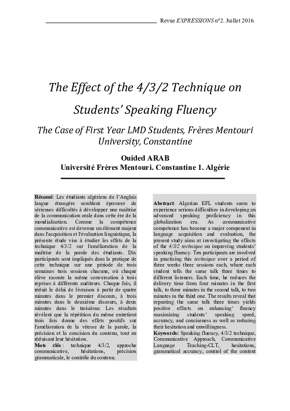 (PDF) The Effect of the 4/3/2 Technique on Students’ Speaking Fluency