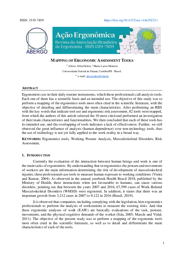 (PDF) Mapping of Ergonomic Assessment Tools