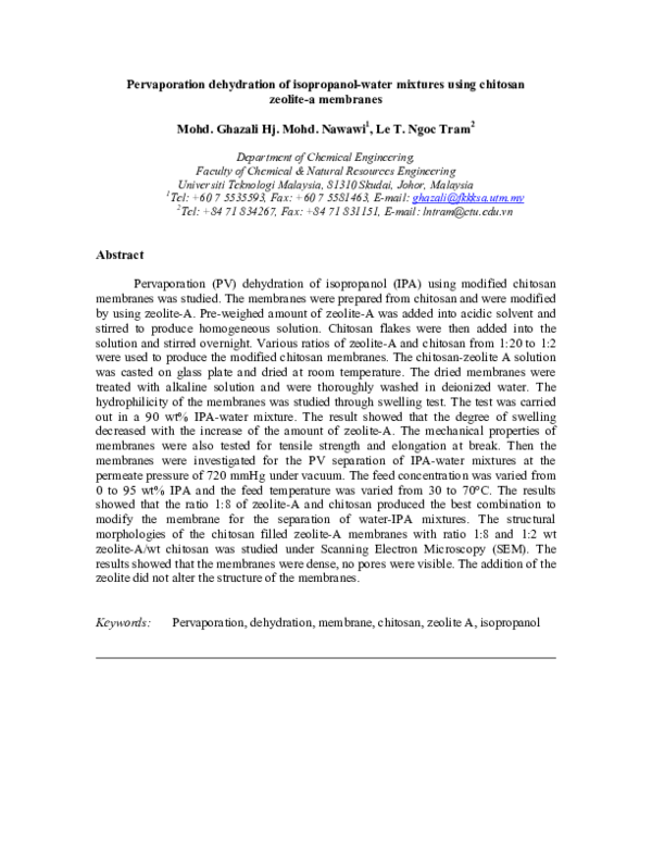 (PDF) Pervaporation Dehydration of Isopropanol–Water Mixtures Using Chitosan Zeolite–A Membranes ...