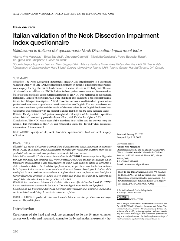 (PDF) Italian validation of the Neck Dissection Impairment Index ...